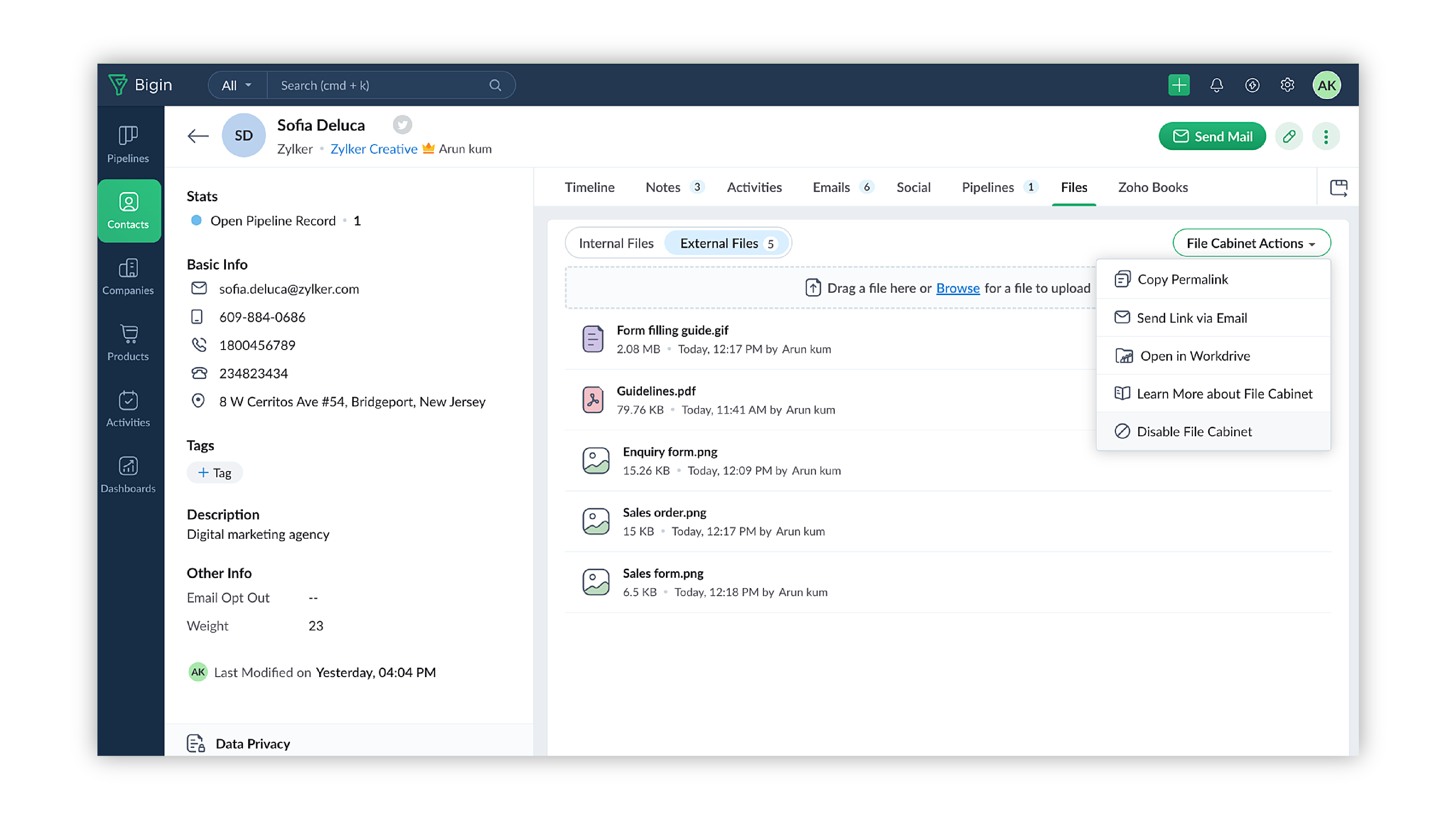 Zoho WorkDrive and Bigin integration | WorkDrive